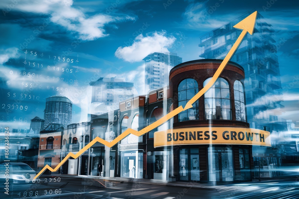 Business growth illustration with storefronts, rising graph, and blue ...