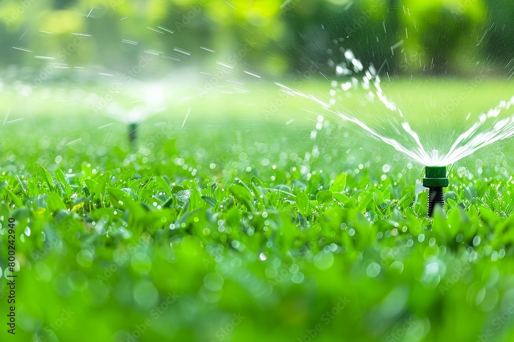 Irrigation systems for lawns and gardens with Blurred water background ...