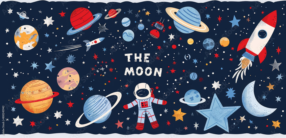Cute cartoon vector flat design of space and moon with a cute astronaut ...