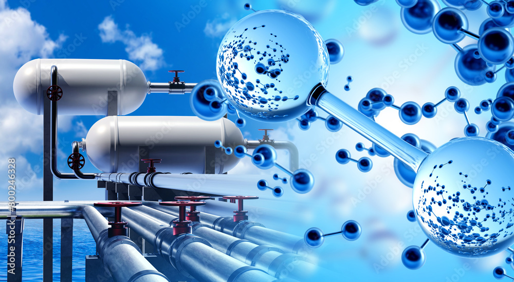 Hydrogen gas. H2 molecules near pipes. Gas infrastructure near sea ...