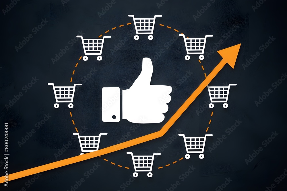 Connected shopping cart icons with rising orange line graph and thumbs ...