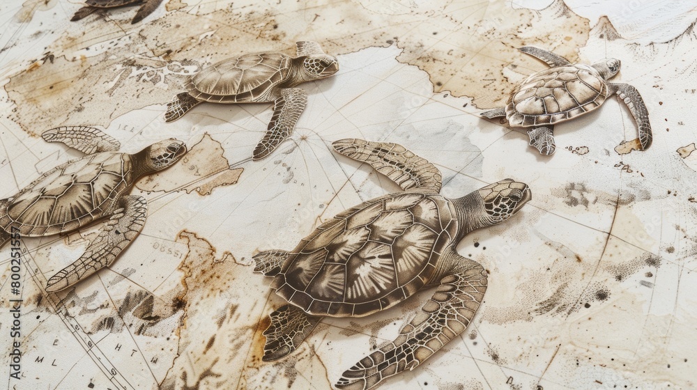 A topographical map adorned with delicate drawings of sea turtles ...