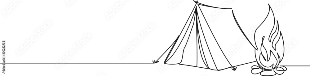 continuous single line drawing of campground with tent and campfire ...