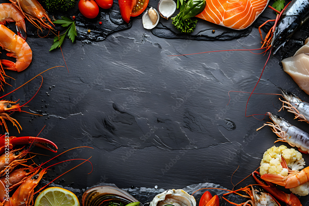 Seafood frame on the black stone background, Blank Copy-Space at the ...