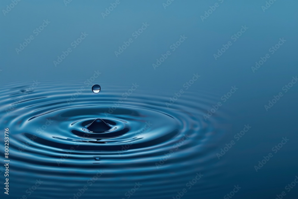 Water droplet with water ripples below the surface of blue water, small ...