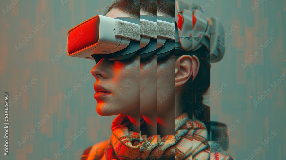 Side profile of a young woman wearing a vr headset, portrayed with a ...