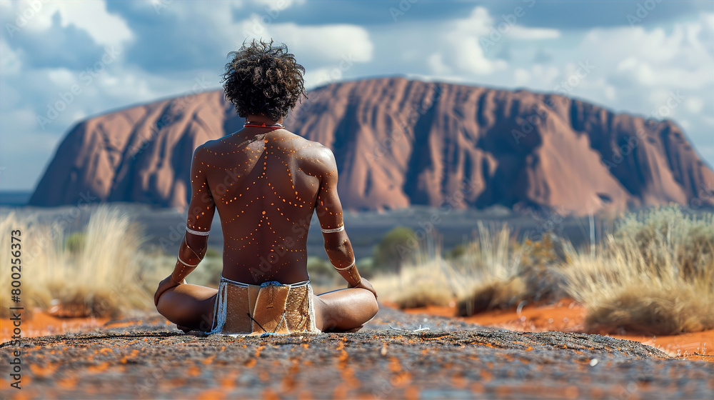 Aboriginal men of Australia praying, sacred mountain inspired by Uluru ...