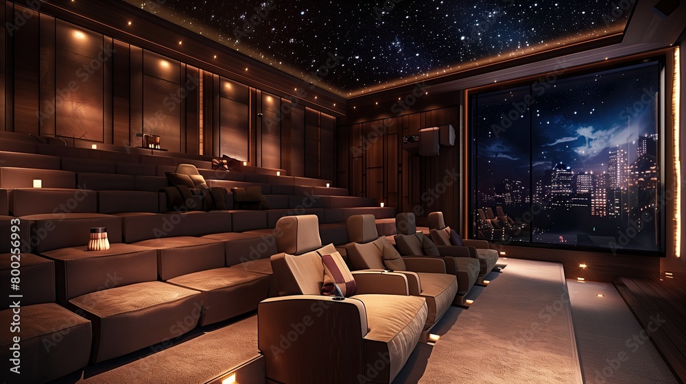 A modern home theater with tiered seating and a starlit ceiling 32k ...