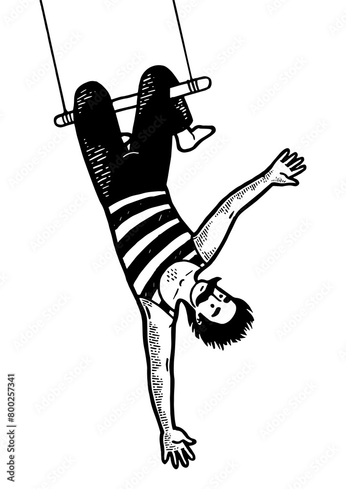 Circus acrobat hanging on trapeze performance sketch line art engraving ...