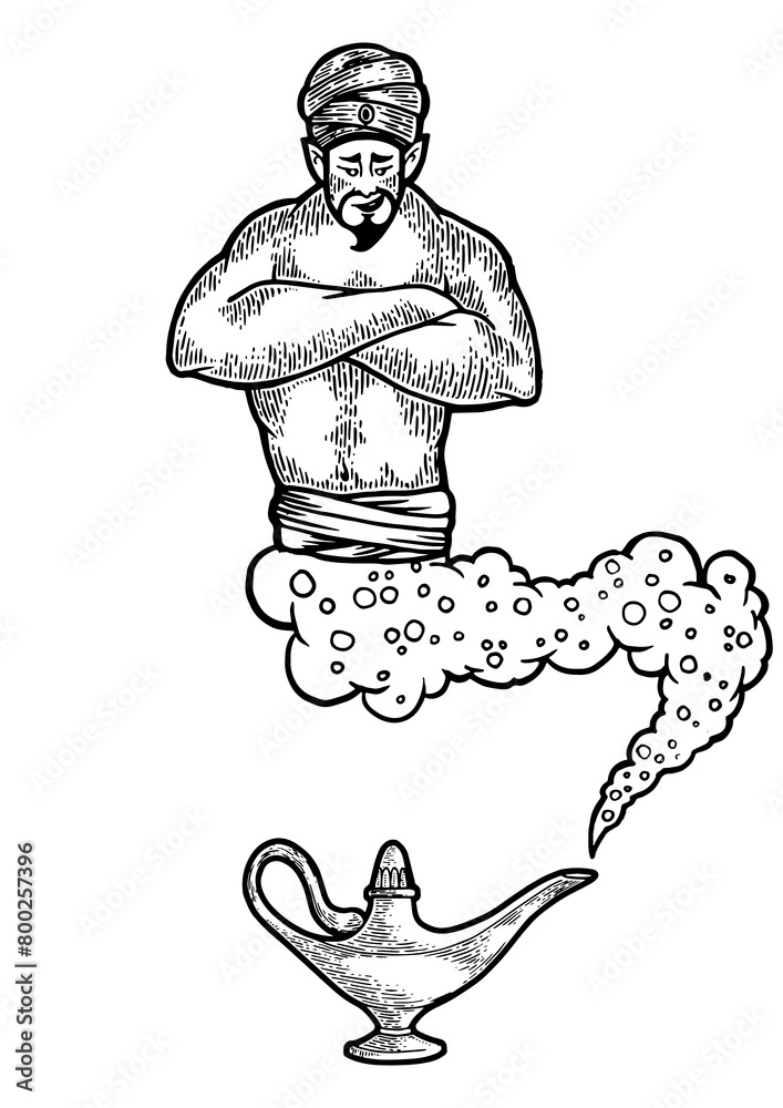 Magical fabulous genie Djinn out of magic lantern sketch line art ...