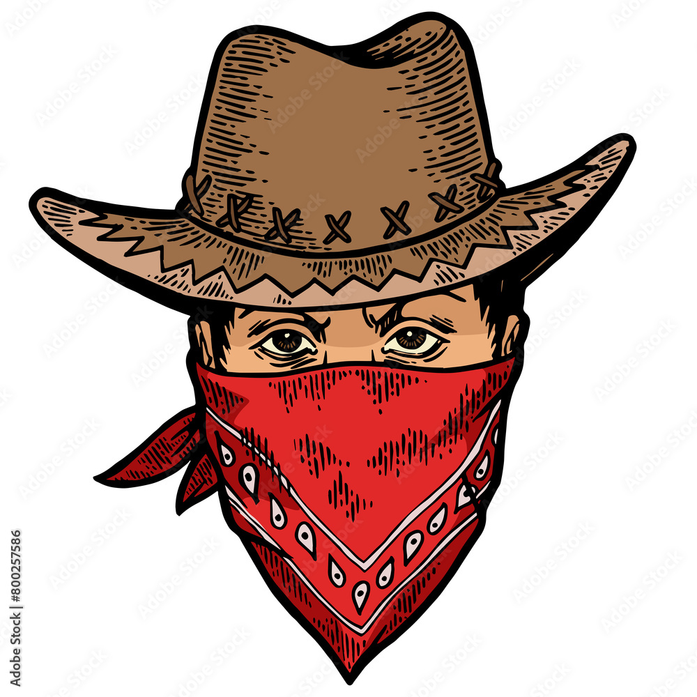 Cowboy head in bandit gangster mask bandana color sketch line art ...