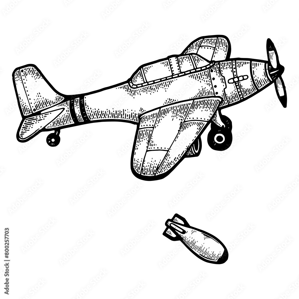 Bomber plane drops bomb sketch engraving PNG illustration. Scratch ...
