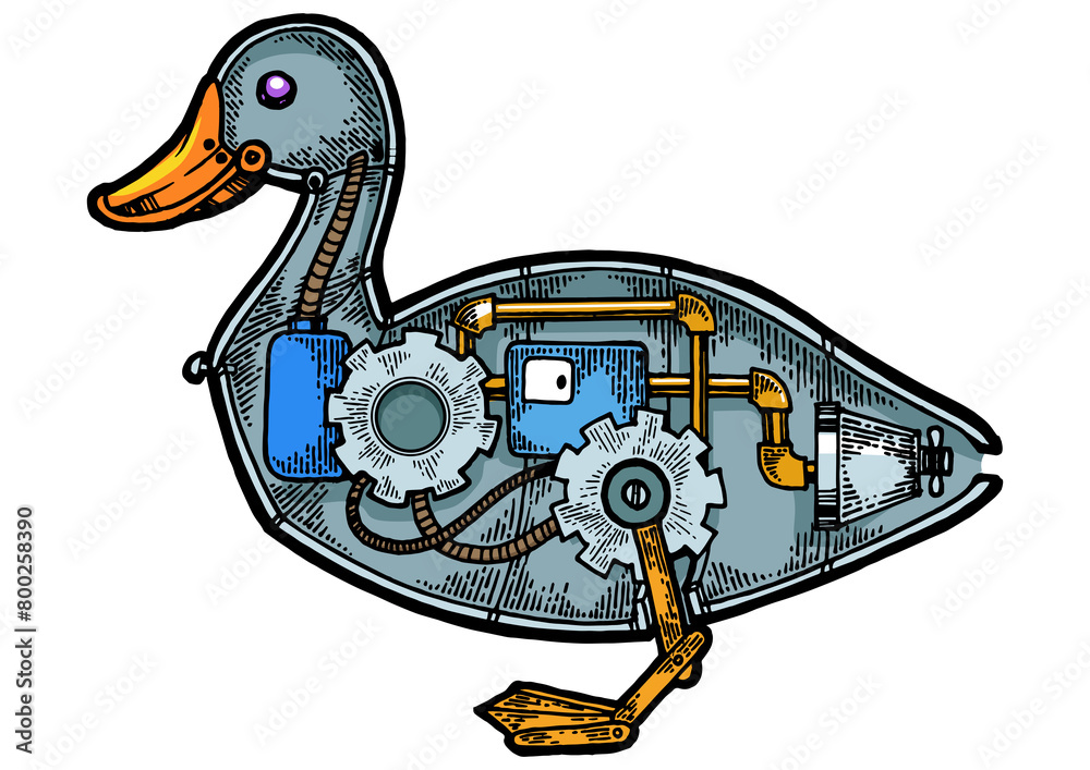 Mechanical duck bird animal color sketch engraving PNG illustration ...