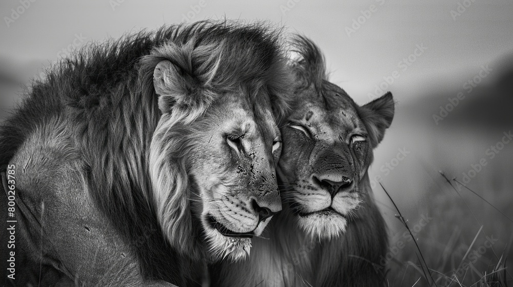 A black and white photo of two lions. The lion is on the left with his ...