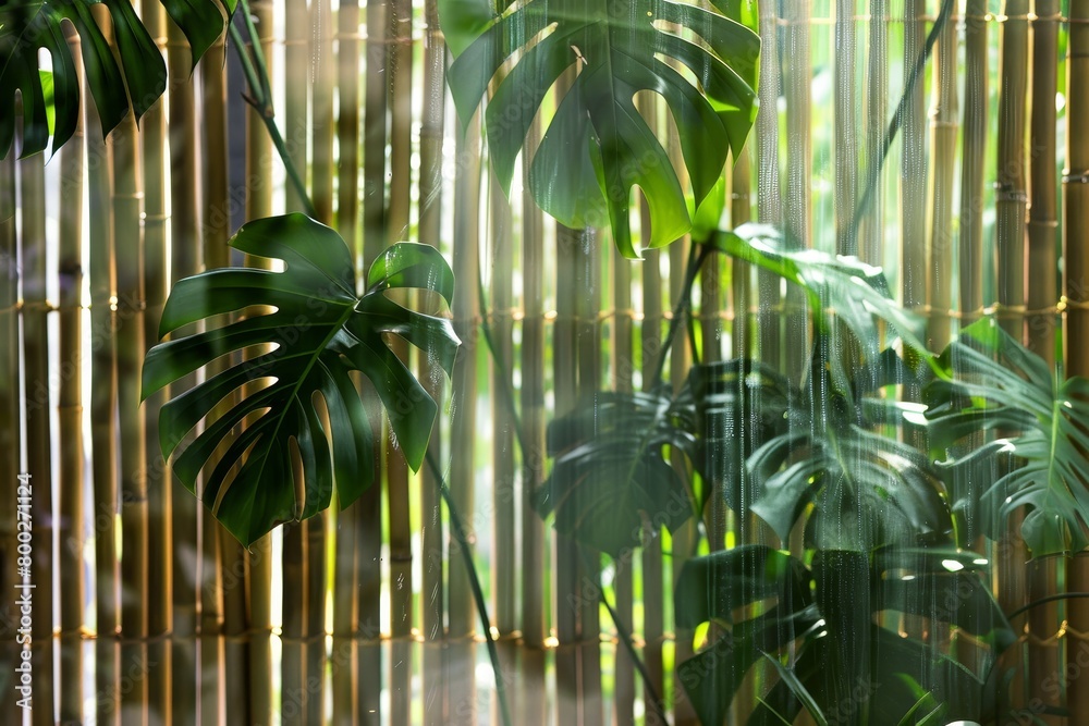 Monstera plant behind frosted glass Botanical background with green ...