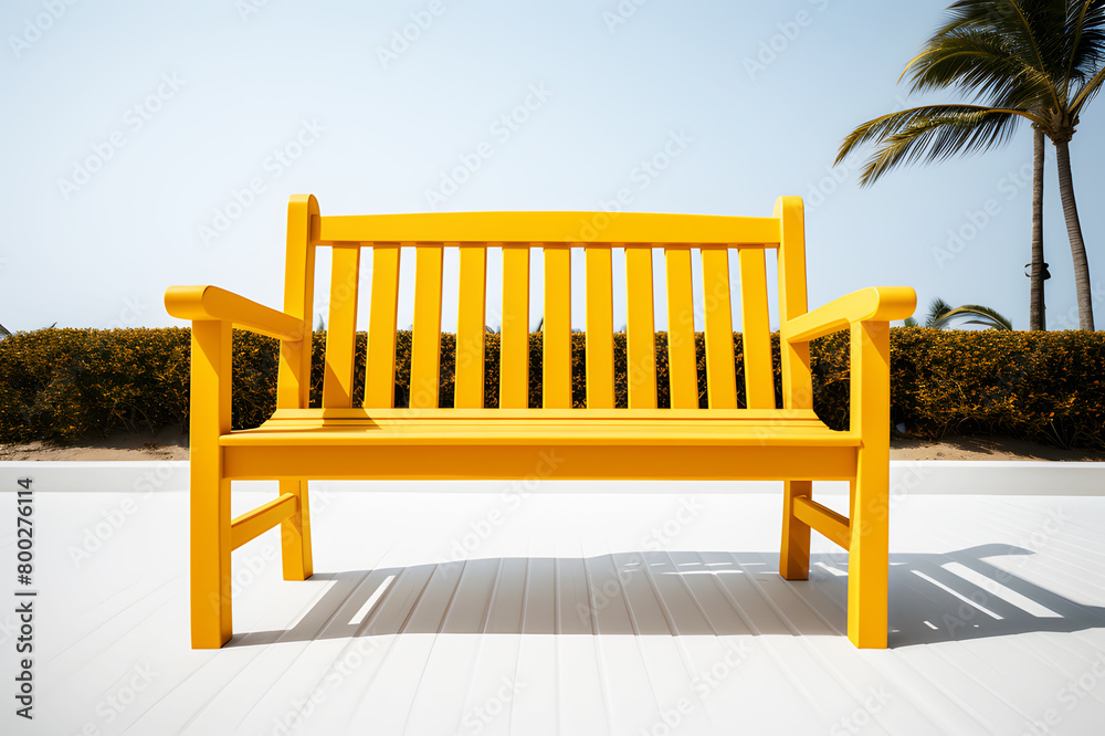 Yellow wooden bench with a decorative ornate and armrests Place on the ...