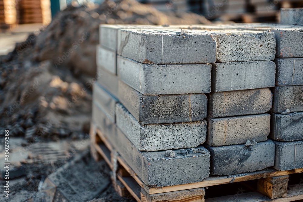 Pallet of gray cinderblocks for building house or fence Construction ...