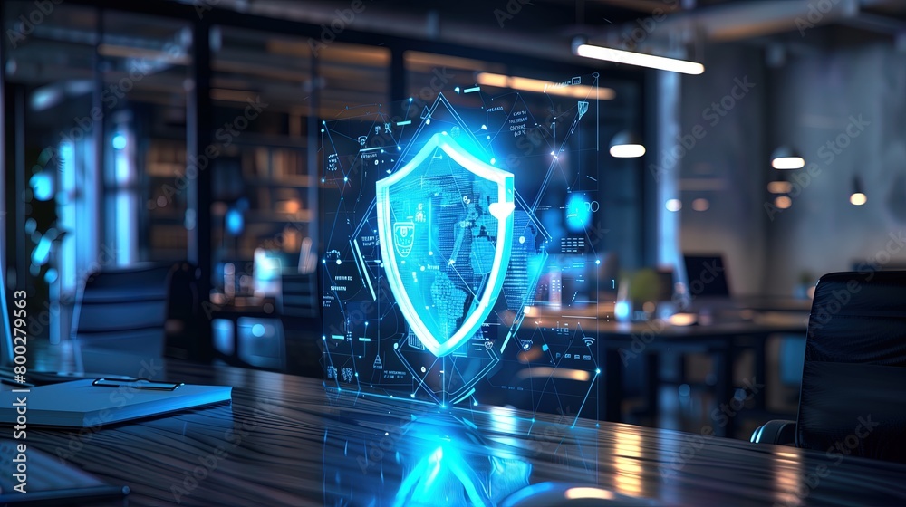 interior of a modern office with a holographic digital shield, working ...