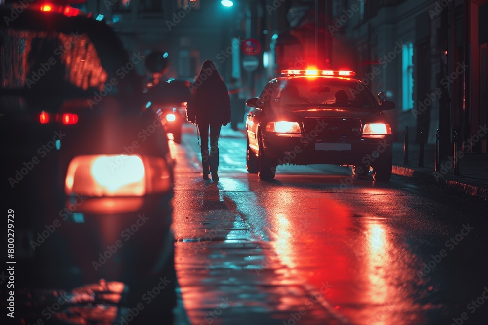 Police car with sirens flashing in full operation at the crime scene ...