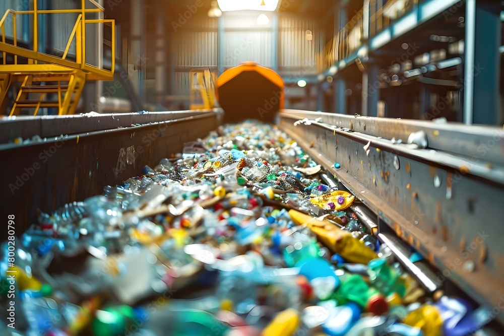 Conveyor belt at waste management facility sorting mixed recyclables ...