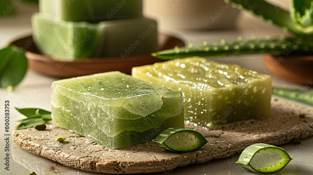 two aloe soap bars, one bar is cut in half to reveal the inside of it ...