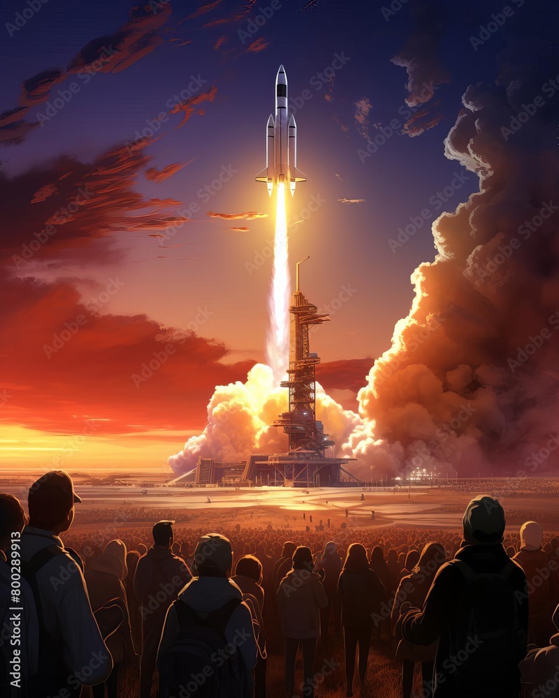 Powerful rocket launch at dusk, fiery exhaust plumes illuminating the ...