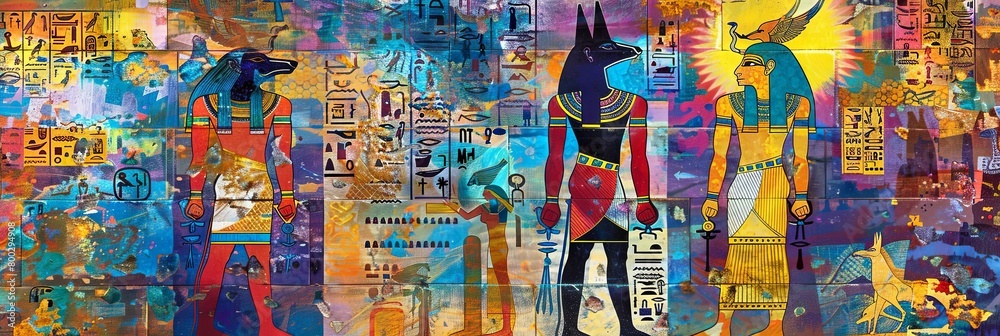Vibrant Egyptian Wall Mural with Larger than Life Depictions of Anubis ...