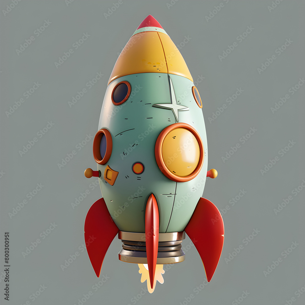 A cartoon rocket with a yellow and green body and red and yellow fins ...