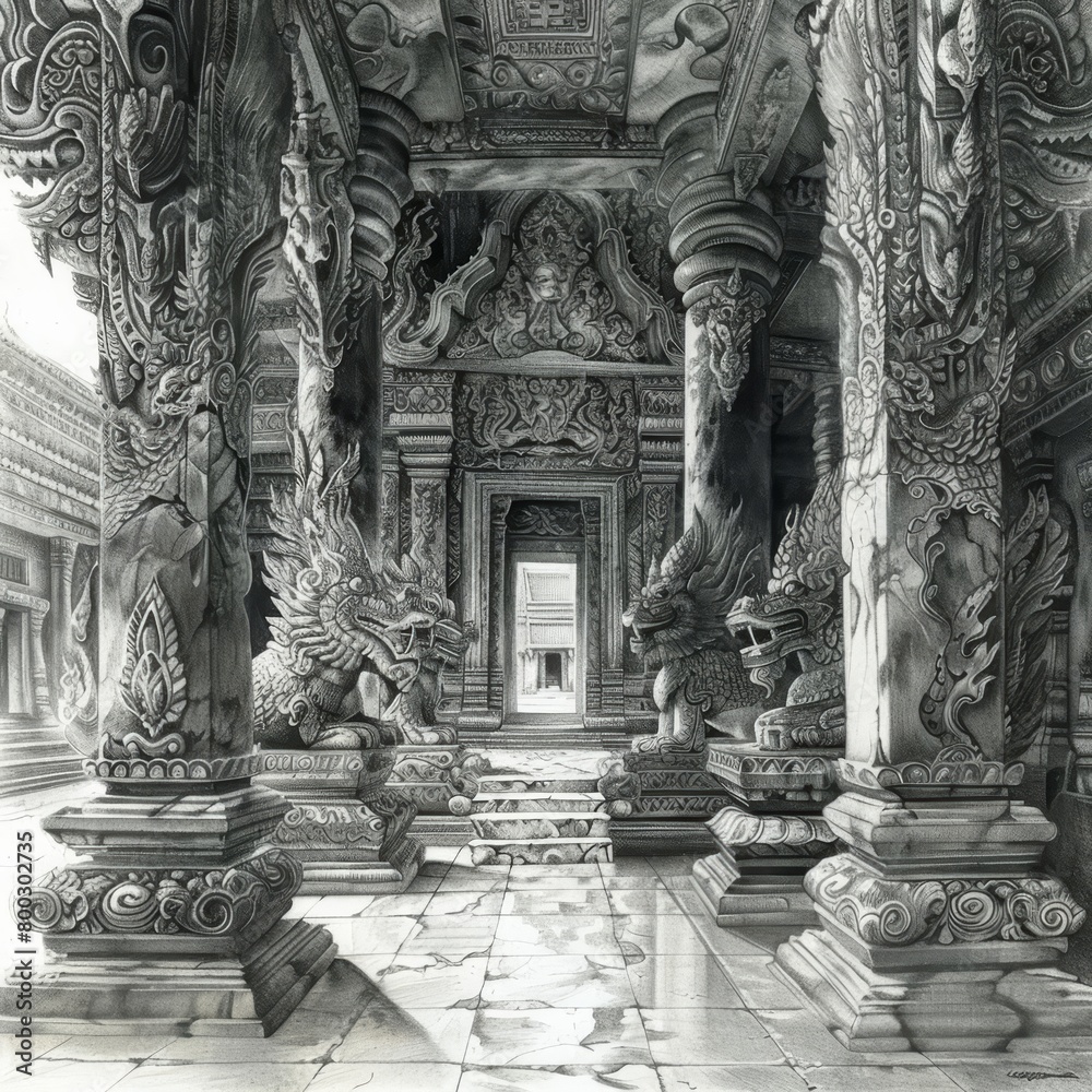 An ancient Asian temple is explored through a series of detailed pencil ...