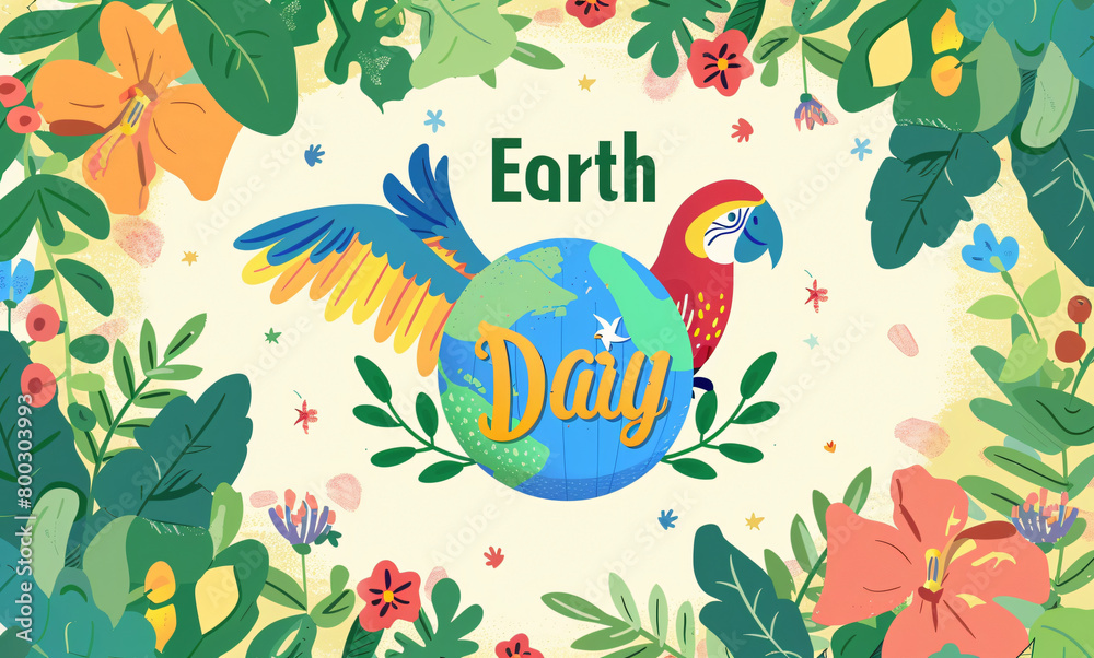 Earth day poster with a parrot, planet and flowers vector illustration ...