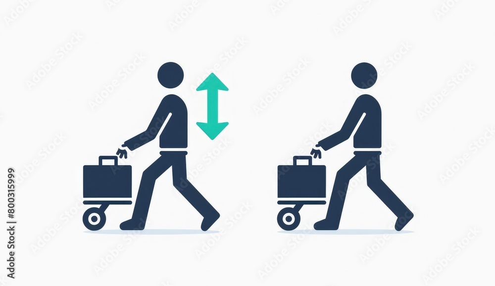 Two simple icons of person moving heavy object, left side with arrow ...