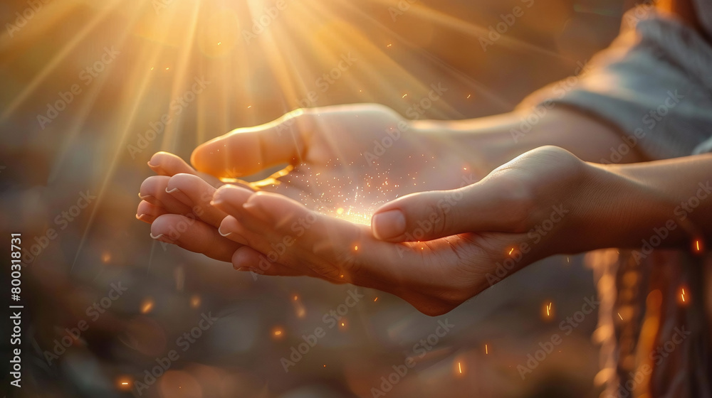close-up of female hands being illuminated from heaven, the power of ...