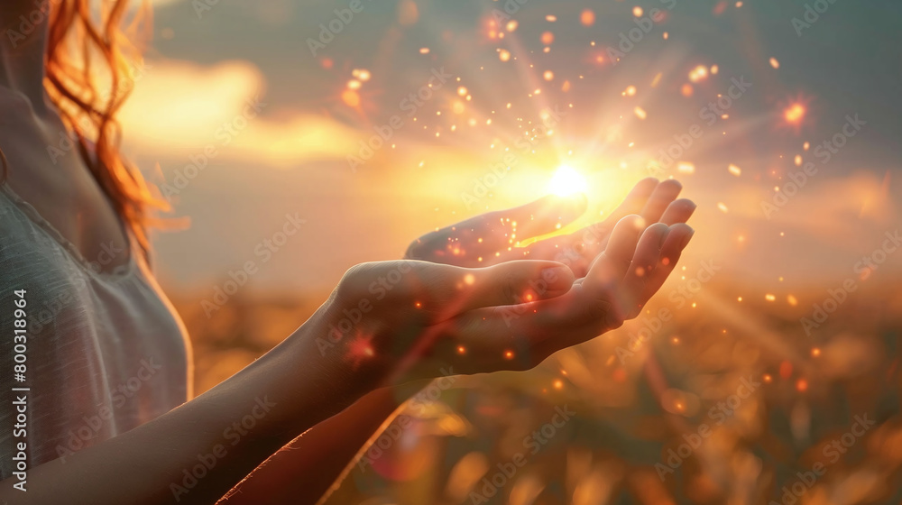 close-up of female hands being illuminated from heaven, the power of ...