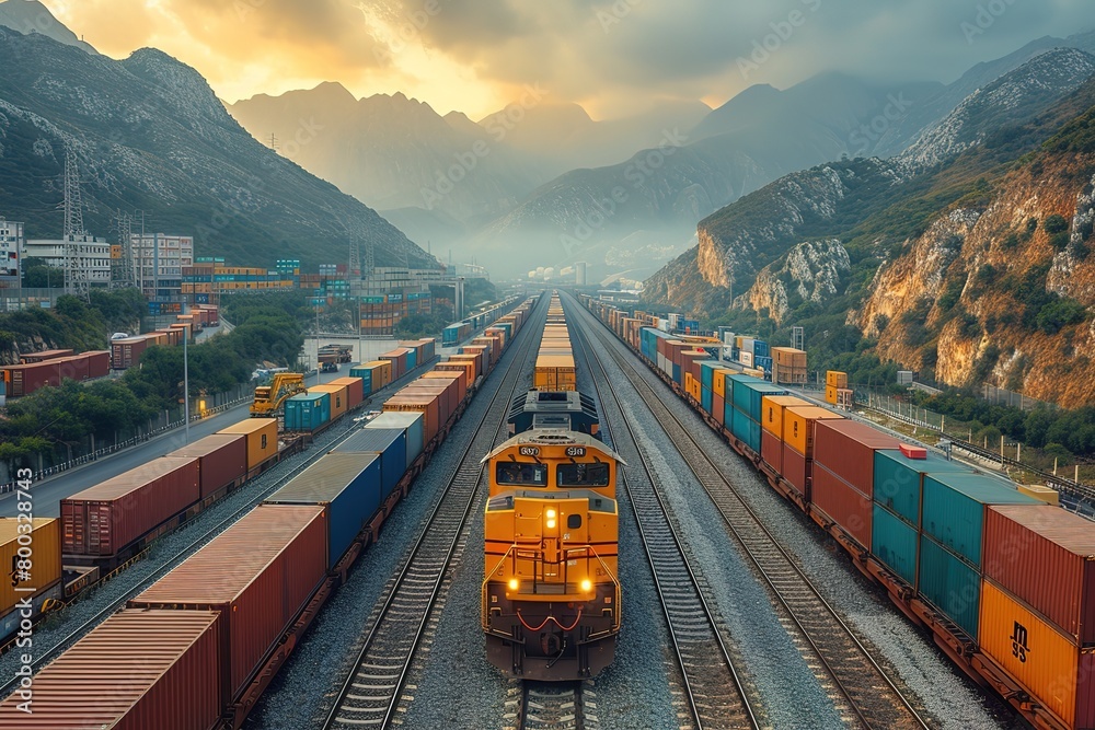 A modern freight train passing through an industrial landscape, with ...