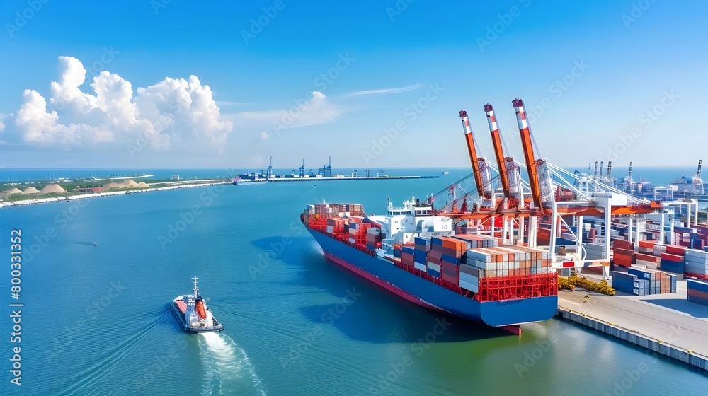 Aerial View of Bustling Seaport with Cargo Ships and Container Cranes ...