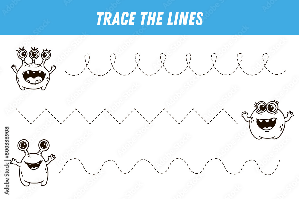 Tracing lines for kids. Cute cartoon monsters. Handwriting practice ...