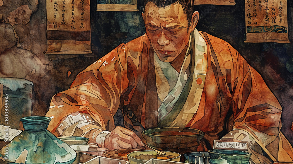 Watercolor close-up of a priest in time-travel gear, studying ...