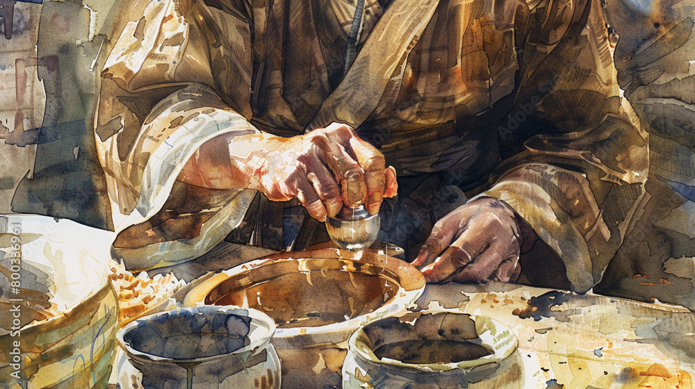 Watercolor close-up of a priest in time-travel gear, studying ...