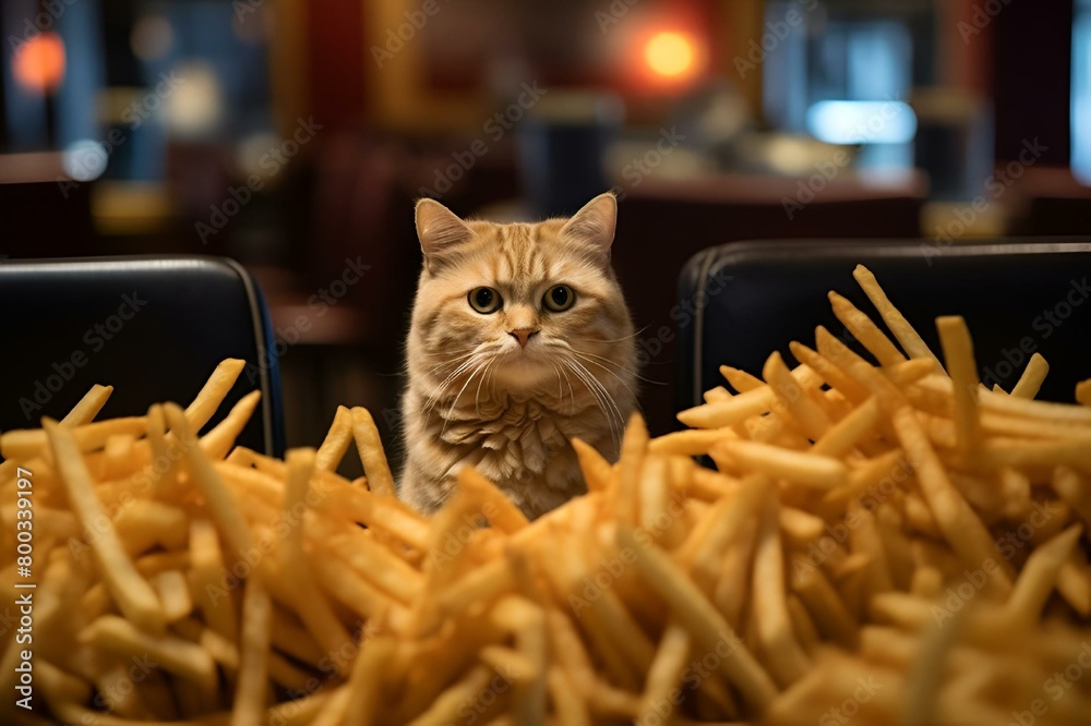 AI-generated illustration of a cat pictured with a heap of French fries ...