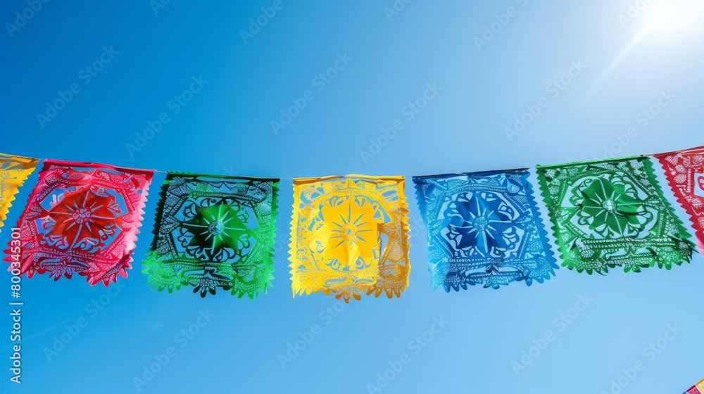 Vibrant Mexican papel picado fluttering against a clear blue sky. Cinco ...
