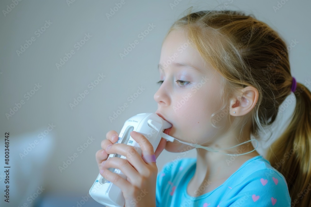 9-year-old girl breathing into a peak flow meter (spirometer). Lung ...