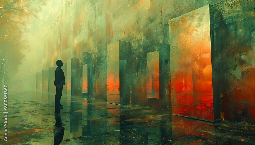 The Hall of Mirrors, abstract scene resembling a hall of mirrors, with ...