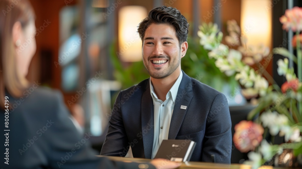 Hotel manager welcoming international guests at the reception desk with ...