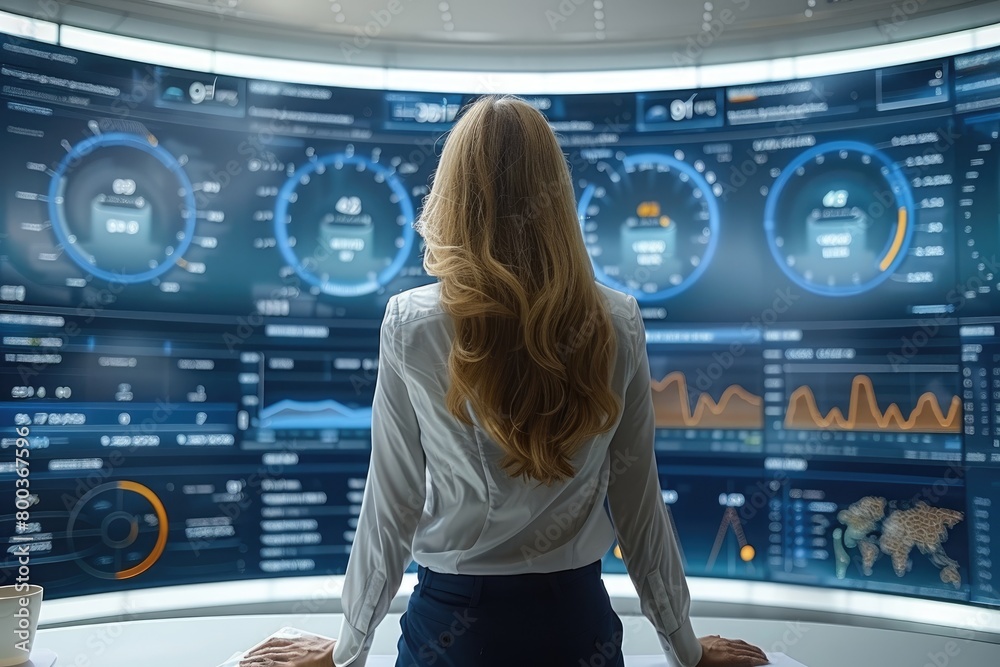 big widescreen monitor with charts and management dashboard in front of ...