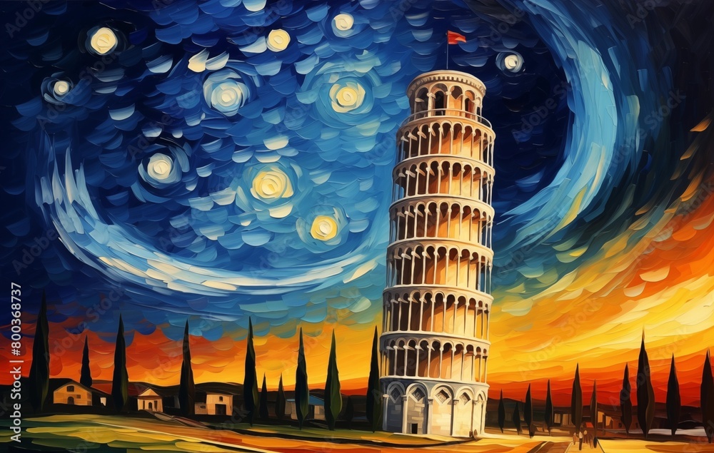 The Leaning Tower of Pisa in Italy, rendered in the style of Van Gogh ...