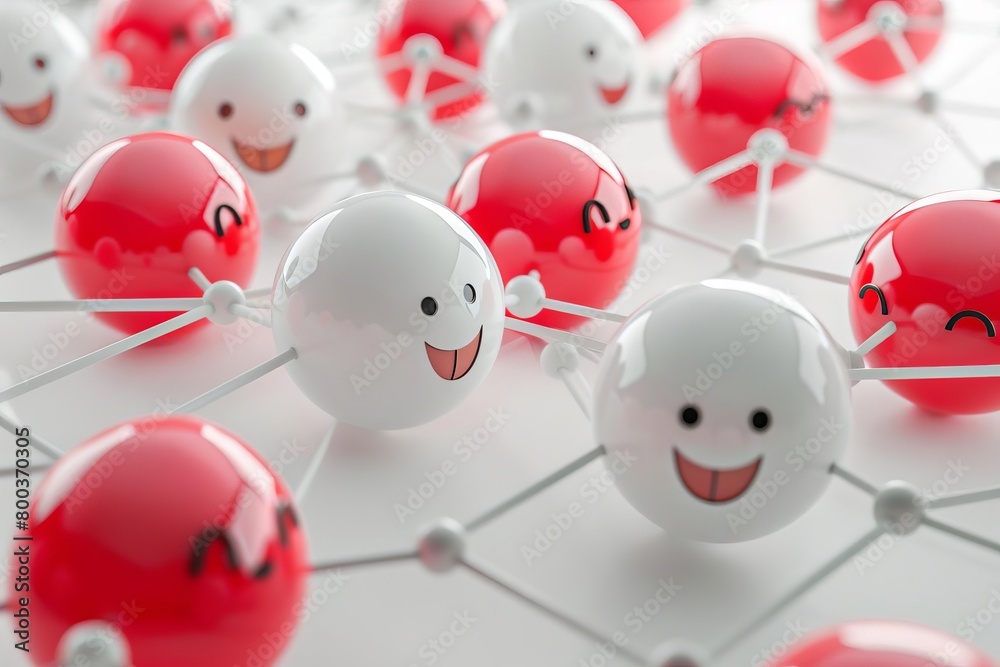 3D rendering of a social network. Red and white spheres with smiley ...