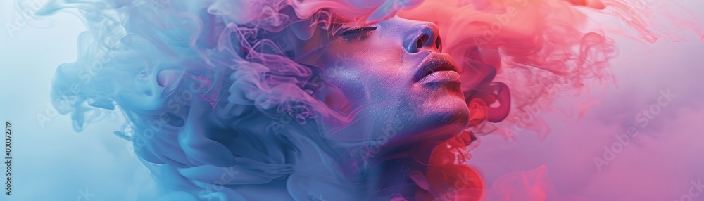 Artistic expression of a face dissolving into a pinkblue gradient ...