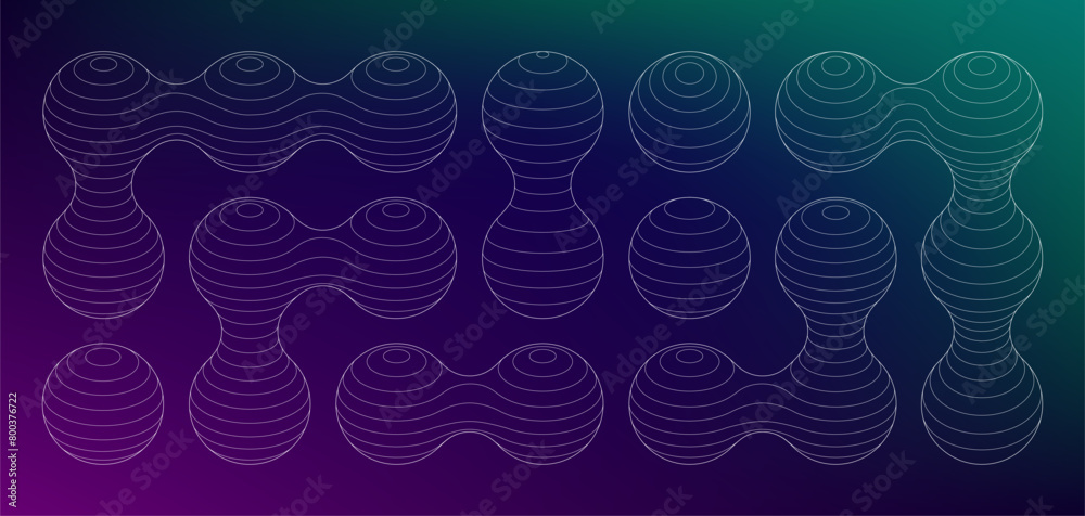 Metaball connected circles wireframe. y2k shape connection mesh. Atom ...