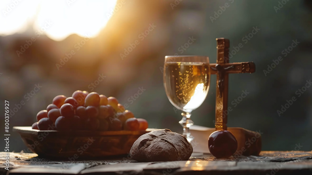 The Last Supper. Bread, wine, the Bible, the Holy Grail and the cross ...