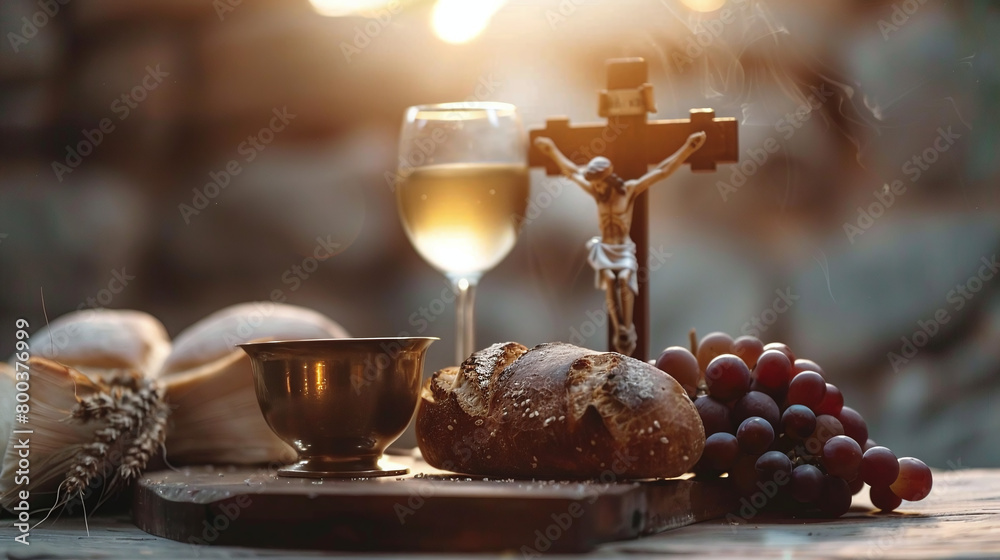 The Last Supper. Bread, wine, the Bible, the Holy Grail and the cross ...